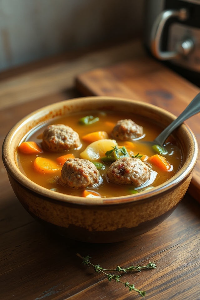 Crockpot Meatball Vegetable Soup Recipe With Thyme - thecardigankitchen.com